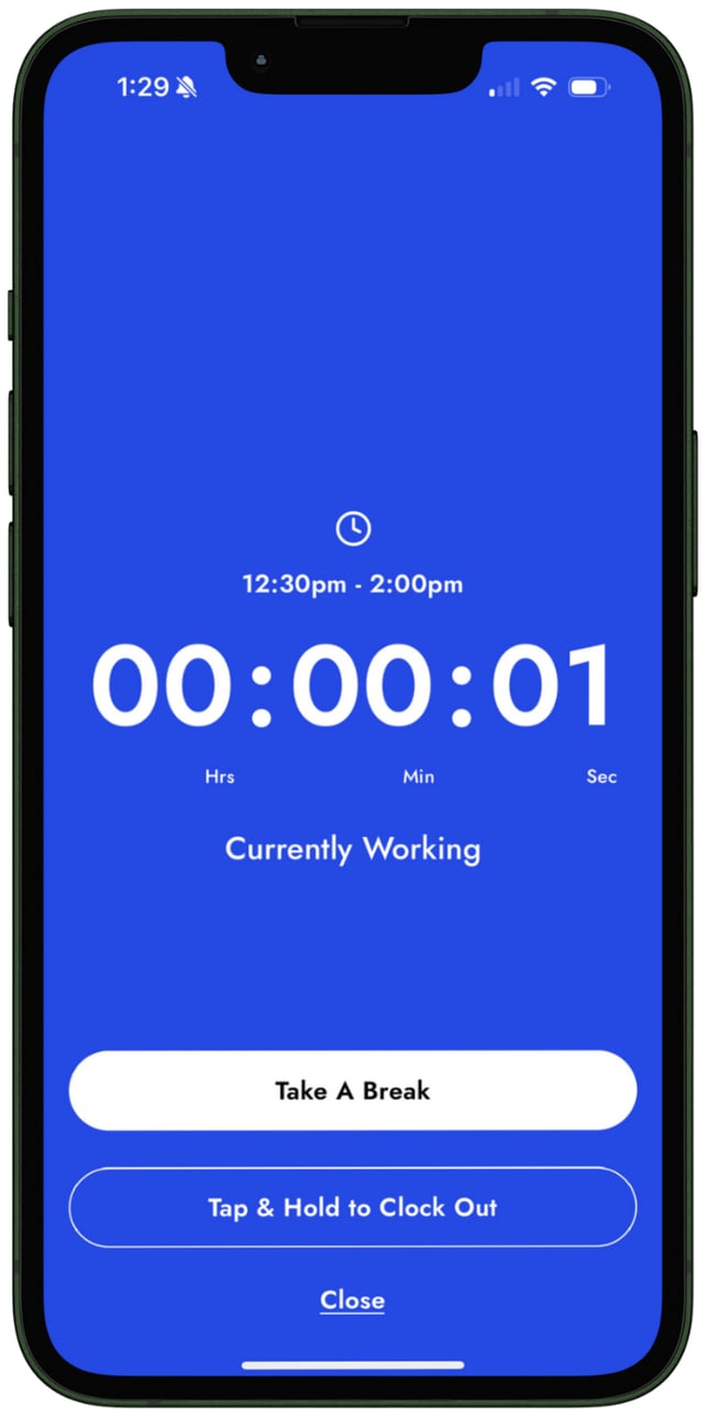 How do I clock in and out on the app?